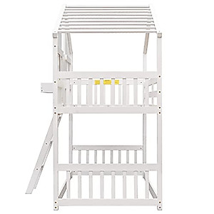 BOVZA Twin Over Twin House Bunk Beds with Roof and Window Door, Window Box, Ladder, Wood Playhouse Bunk Bed for Kids Girls Boys Teens, White