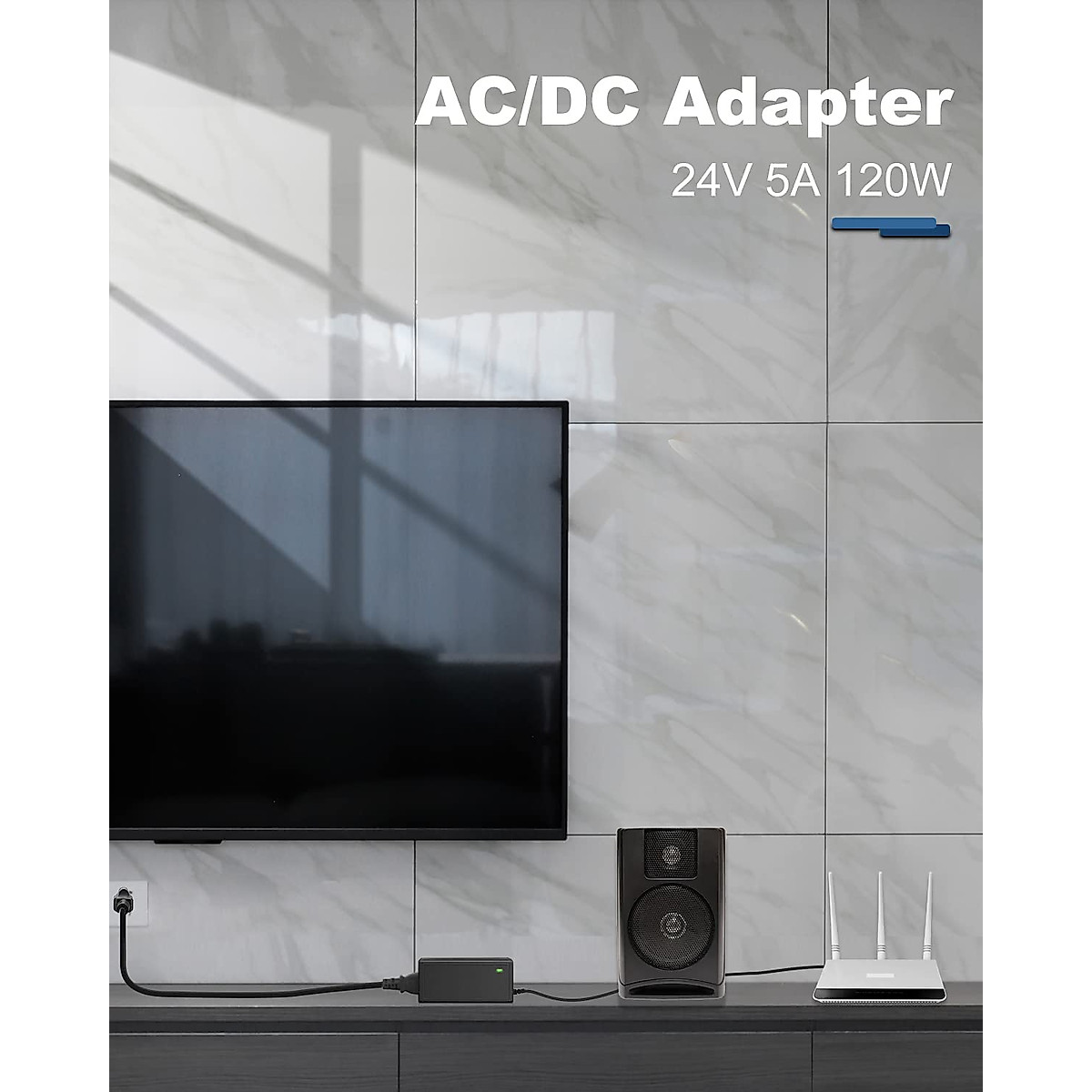 24V DC Power Supply Adapter 5A 120W 24Volt Power Adapter 100-240V 50-60Hz AC to DC Converter 24V5A Switching Power Supply Transformer, DC Outlet Plug 5.5mm x 2.5mm & 3-Prong AC Cable