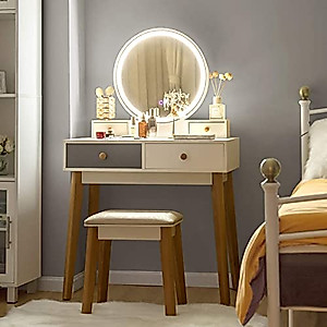 Vanity Set, Touch-Screen LED Round Mirror, Dressing Table with Cushioned Stool, 4 Storage Drawers &Spacious Desktop, 3 Adjustable Light Colors, Makeup Table and Stool Set for Women Girls, White + Gray