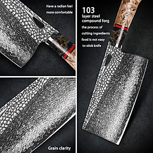 FZIZUO Damascus Kitchen Chinese Cleaver,7.5in Professional Handmade Chopping Chopper Knives with Burl Stabilized Wood Handle for Meat and Vegetable in Home&Restaurant