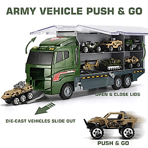 26 Pcs Military Truck with Soldier Men Set(2 in 1), Mini Die-cast Battle Car in Carrier Truck, Army Toy Double Side Transport Vehicle for Kid Child Girl Boy Play Birthday Party Favors