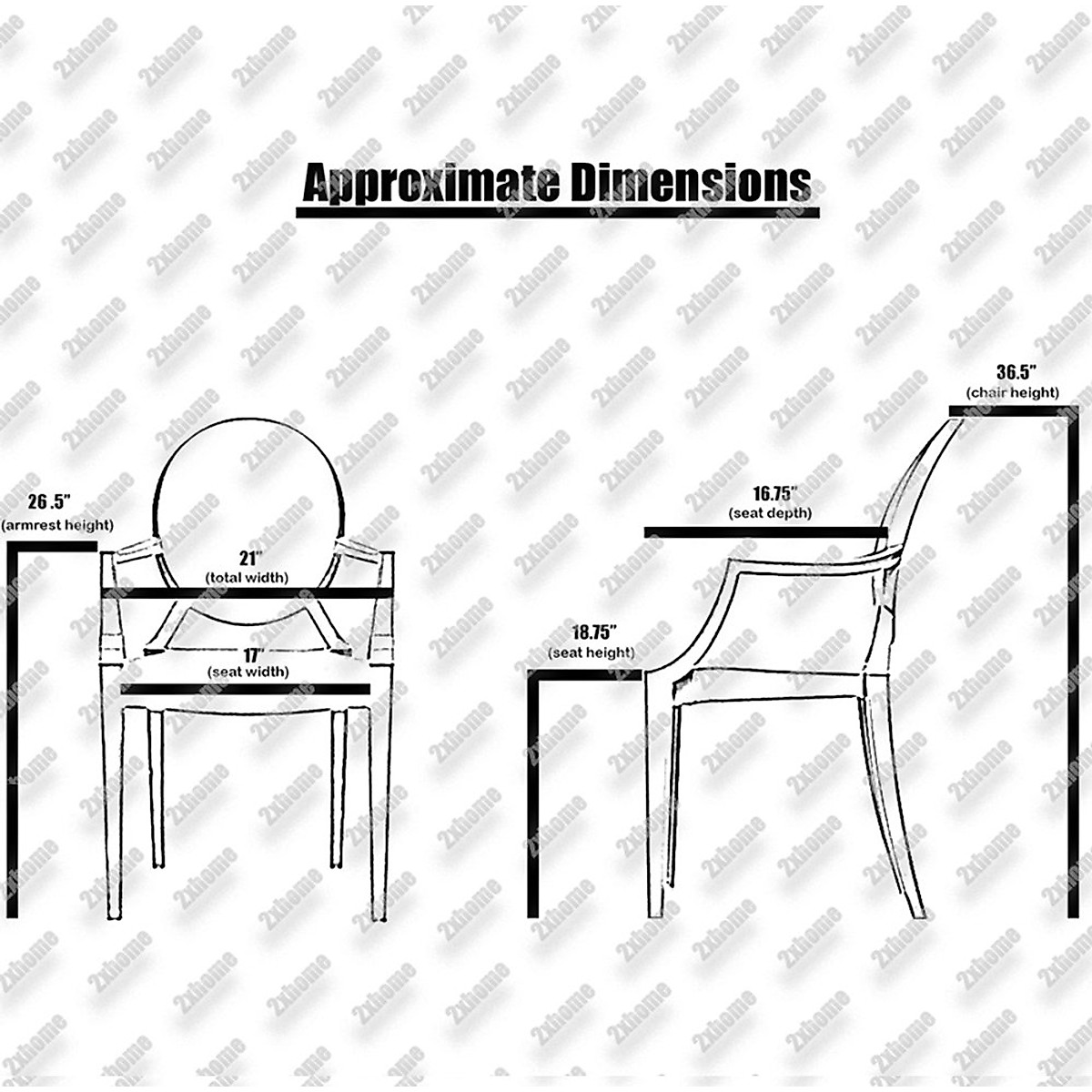 2xhome Set of 2 Clear Louis Ghost Dining Armchairs Polycarbonate Designer Acrylic Transparent Crystal Chair with Arms Glass Modern Mid Century Victorian See Through for Desk Kitchen