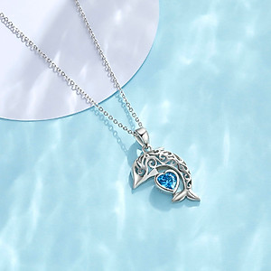 ONEFINITY Dolphin Necklace 925 Sterling Silver Dolphin Pendant Cute Animal Ocean Blue Heart New Years Necklace Jewelry for Women