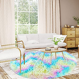 TIMDAM Fuzzy Round Rug for Bedroom, 4 Feet Round Area Rug, Fluffy Circle Carpet for Bedroom, Soft Cute Rainbow Rug for Kids Room, Furry Rugs for Girls Bedroom, Plush Shaggy Rug Home Decor