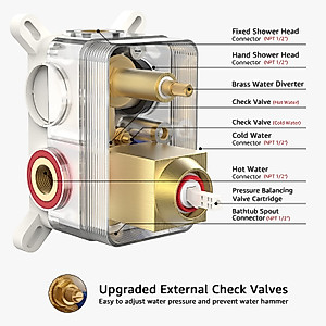 Iriber Ceiling Brushed Gold Rain Shower System with Waterfall Tub Spout 3 Function Shower Faucet Set Contain 12 Inch Shower Head and Handheld Brushed Brass Shower Trim Kit (Valve Included)