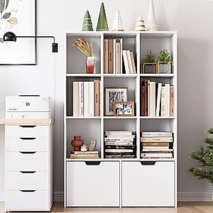 ELETHEBIA Bookcases Storage Organizer, 9 Cube Storage Organizer with 2 Drawers and 9 Open Freestanding Shelf, White Wood Bookshelf for Kids Room, Living Room, Office, Bedroom