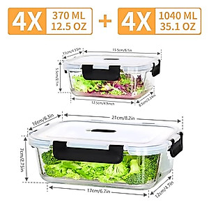 MVDHDT 16 Piece (8 Glass Containers and 8 Lids),12.5+35.1 OZ Black Glass Containers With Lids,Rectangles Meal Prep Containers Reusable Glass,for Microwave, Oven, Freezer and Dishwasher