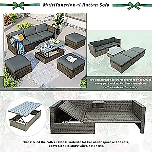 CABSETT Patio Furniture Sets, 5-Piece Outdoor Patio Wicker Sofa with Adustable Backrest and Lift Top Coffee Table, Multifunctional Rattan Sofa with Cushions and Ottomans, for Backyard Garden, Gray