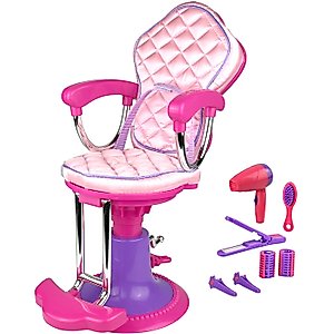 Pretend Play Hair Salon Toy for Girls, Click N' Play Doll Salon Chair with 8 Doll Accessories - Hair Salon Toys for Girls: Chair, Hair Brush, 2 Hair Clips, 2 Curlers, Girl Gift Ages 3+, Pink & Purple