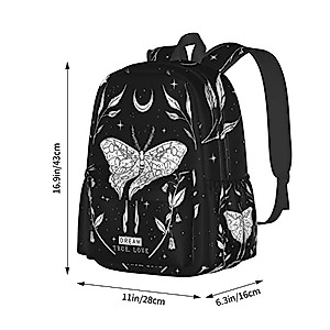 SUPLUCHOM School Backpack Black White Butterfly Moon Tarot Casual Daypack Men Women Polyester Laptop Bag with Side Pockets Bookbag for Travel Hiking Work Student Over 3 Years Old Kids