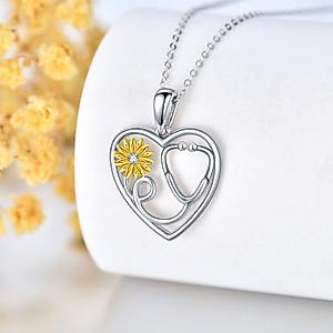 MOTIEL Personalized Heart Stethoscope Necklace 10K 14K 18K Gold Nurse Necklaces for Women Sunflower Medical Necklace for Nurses Gifts (White Gold)