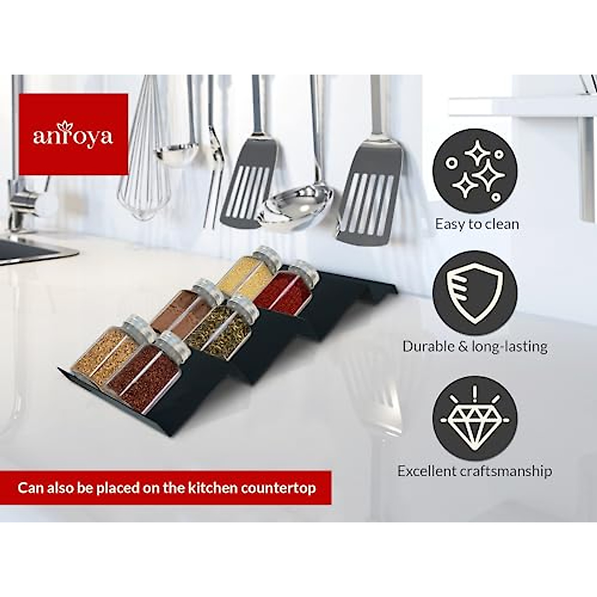 ANROYA - Spice Organizer Set - Spice Drawer Organizer with 4 Spice Racks - Modern Seasoning Organizer - Kitchen Spice Cabinet Drawer Storage