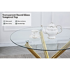 ROOIOME Round Glass Dining Table for Kitchen Dining, Modern Compact Round Glass Kitchen Table for Resturant, Bar Room and Small Space, with Tempered Glass Topand Gold Legs