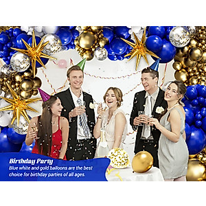 FOTIOMRG 136pcs Royal Blue and Gold Balloons Arch Garland Kit with Star Foil Balloons, 5 10 12 18 inch Navy Blue White and Gold Balloon for Anniversary Wedding New Year Birthday Party Decorations
