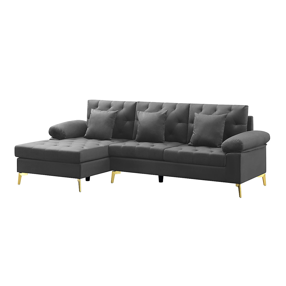 KoiHome Sectional Sofa 96.5" Left Hand Facing Velvet Button Tufted, 3-Seater Sleeper Couch with 3, Pillow top Arms, Modern L-Shape Chaise for Living, Bedroom,Waiting Room, Dark Grey
