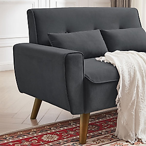 Pingliang Home 48" Small Loveseat Sofa, Mid Century Modern Linen Love Seat Couch, 2 Seat Tufted Couches with Throw Pillows and Wood Legs for Living Room, Apartment, Bedroom and Small Spaces