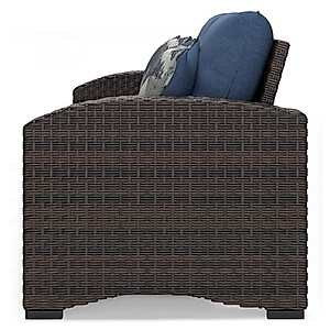 Signature Design by Ashley Windglow Outdoor Loveseat with Cushion Love Seats, 58" W x 31" D x 37" H, Blue & Dark Brown