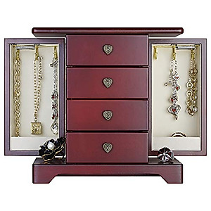 RR ROUND RICH DESIGN Jewelry Box - Made of Solid Wood with Cabinet Type 4 Drawers Organizer and 2 Doors on Sides - Dark Brown