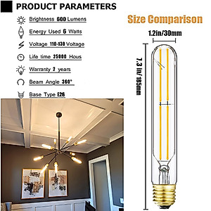 Duoled 7.3 Inch E26 T10 Led Bulb 60 watt 3000k Soft White Edison Bulbs,6W T10 Long Light Bulb Tubular Light Bulb T10 Bulb T9 for Rustic Pendant,Industrial Pipe,Wall Sconces 6 Pack