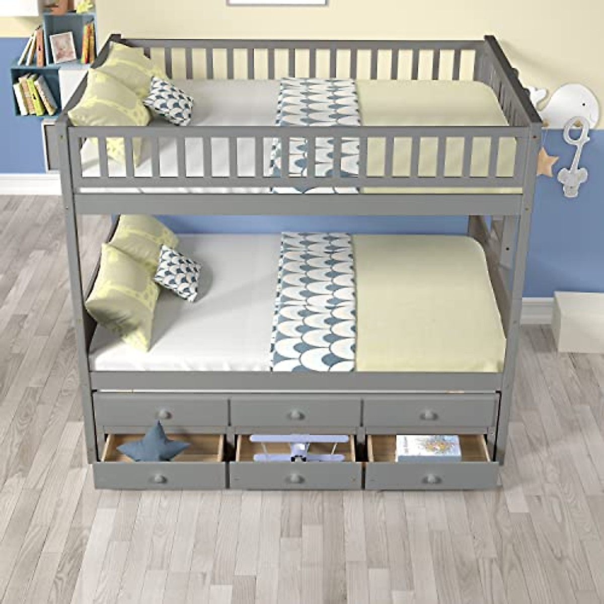 OUYESSIR Full Over Full Bunk Bed with Trundle and 3 Drawers, Full Size Bunk Beds Convertible to 2 Platform Beds, Solid Wood Bunk Bed with Twin Size Trundle and 3 Storage Drawers (Grey, Ladder)