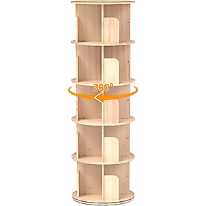 Cuguords Rotating Bookshelf Tower,Corner Bookshelf for Small Space, 360 Display 5-Tier Wood Bookcase Storage Rack, Kids&Adults Spinning Book Shelf,Revolving Bookcase for Bedroom, Living Room
