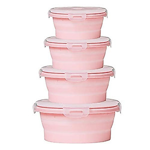 payanwin Collapsible Bowl, Silicone Food Storage Container, Camping with Lid, Round Silicone Lunch Container, Microwave, Dishwasher and Freezer Safe (Pink, 4 pcs)