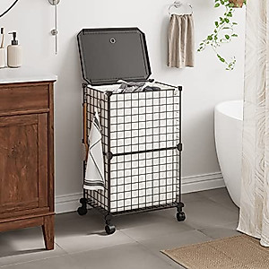 WOWLIVE Iron Wire Laundry Hamper with Lid, Foldable Laundry Basket with Wheels and Removable bags，Collapsible Dirty Clothes Hamper Organizer Dorm Room Storage for Bedroom, Bathroom (Black)
