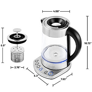 Ovente Glass Electric Kettle Hot Water Boiler 1.7 Liter ProntoFill Tech Portable Kettle w/ Set Temperature Control, 1500W Keep Warm BPA Free w/ Stainless Steel Base - KG733S + Glass Tea Pot Infuser