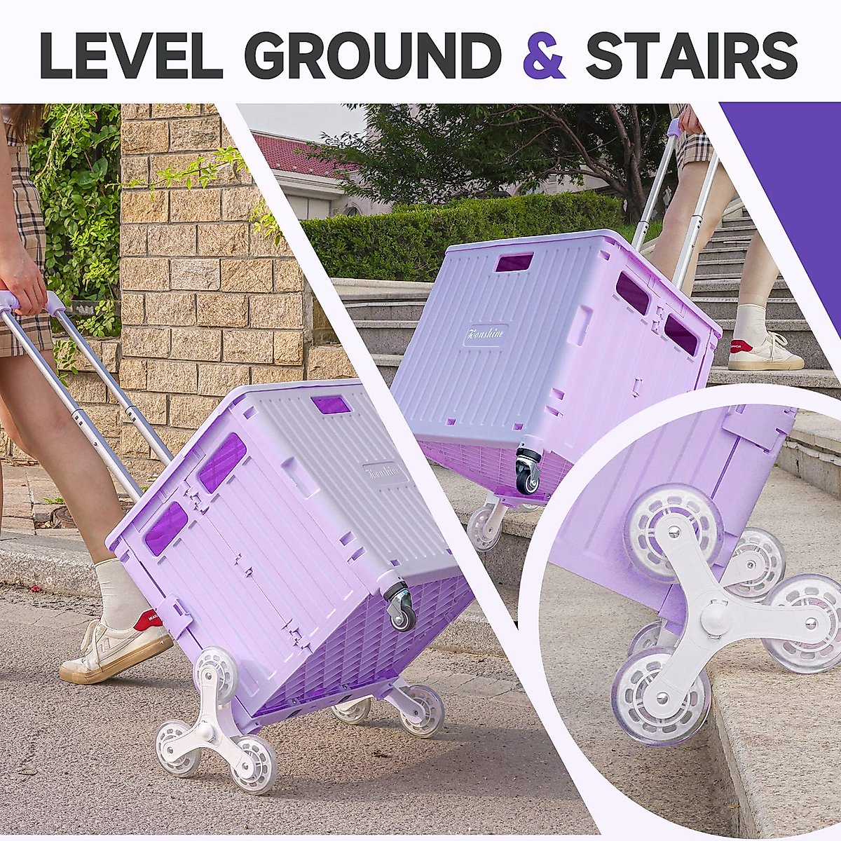 Honshine Foldable Cart with Stair Climbing Wheels, Collapsible Rolling Crate with Telescoping Handle, Handcart for Grocery Book File Tool Art Supplies(Lavender)
