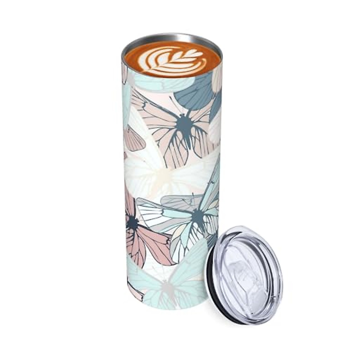 AFHYZY 20 oz Tumbler Reusable Coffee Travel Mug with Lids and Straws, Insulated Coffee Cups Leak Proof 20oz Stainless Steel Water Bottles Skinny for Women, Men, Work, Sports - Butterfly