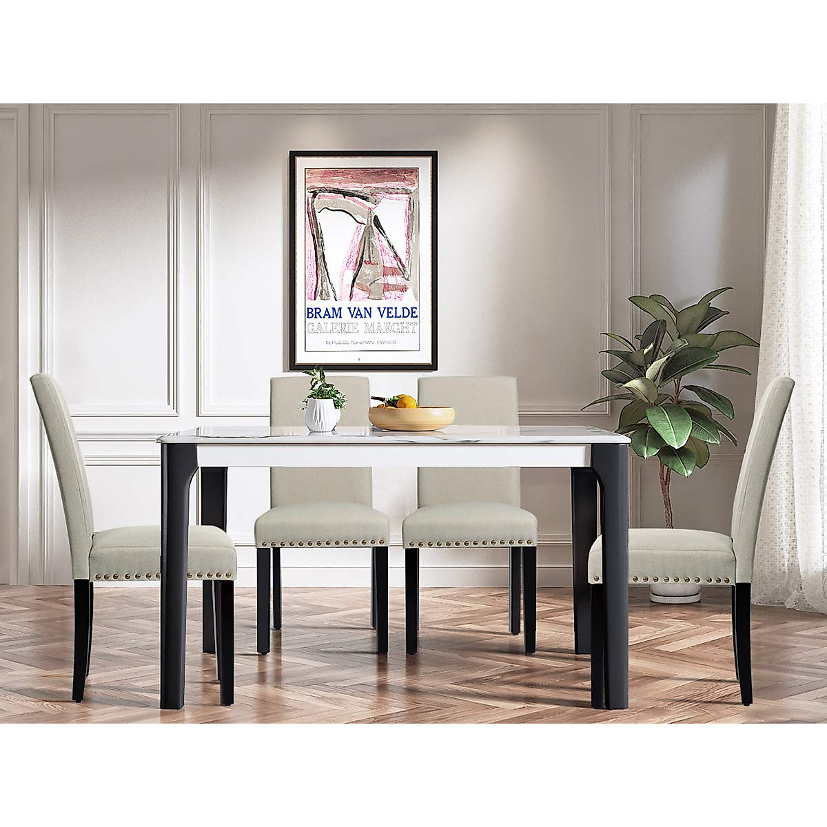 GORELAX Upholstered Dining Chairs Set of 4, Fabric Parsons Chair w/Solid Wood Legs, Nailhead Trim, Padded Seat, Kitchen Chairs for Dining Room, Kitchen, Living Room (Beige, Set of 4)