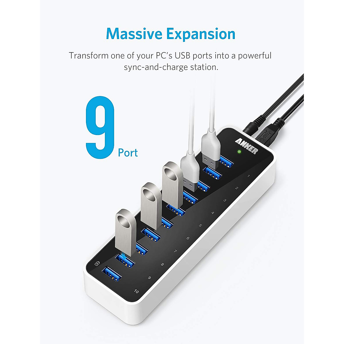 Anker USB A Hub, USB 3.0 Hub, 10 Ports USB Hub for Laptop & PC, for MacBook, Mac Pro/Mini, iMac, XPS, Surface Pro, Galaxy Series, Mobile HDD and More