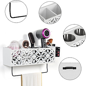 TRSPCWR Hair Tool Organizer Wall Mounted, Hair Dryer and Styling Holder with Towel Bar, Bathroom Blow Dryer Holder with Side Basket, Farmhouse Vanity Caddy Storage Stand for Accessories, Makeup