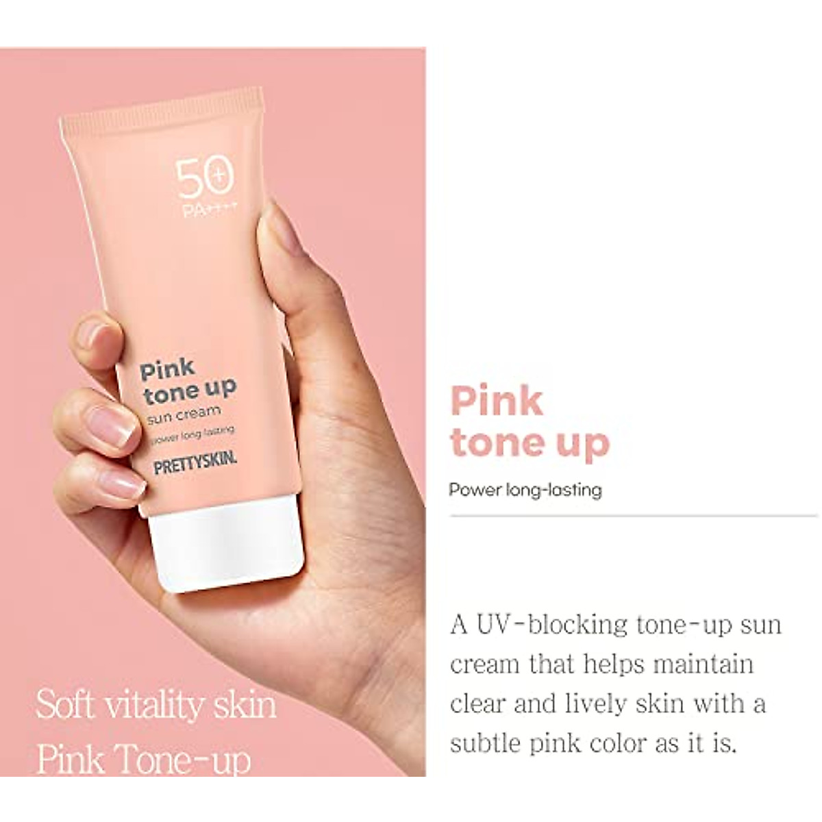 PRETTYSKIN Power Long-lasting Facial Sunscreen SPF50+ / PA++++ 2.36 fl.oz.(70ml) Zinc Oxide | Moisturizing and UV protection | Shea Butter, Chamomile flower extract (Pink Tone-up)