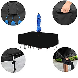 108 Inch Rectangular Oval Patio Table Chair Set Cover with Umbrella Hole Waterproof Outdoor Dining Table and Chairs Cover Rectangle, Black