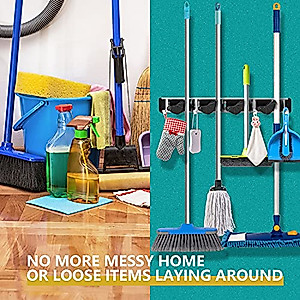 TKISZYZR Mop and Broom Holder Wall Mount Metal Pantry Organization and Storage, Mop Broom Hanger Wall Mount Garden Tool Organizer for Home Goods (4 Positions with 4 Hooks, Black)