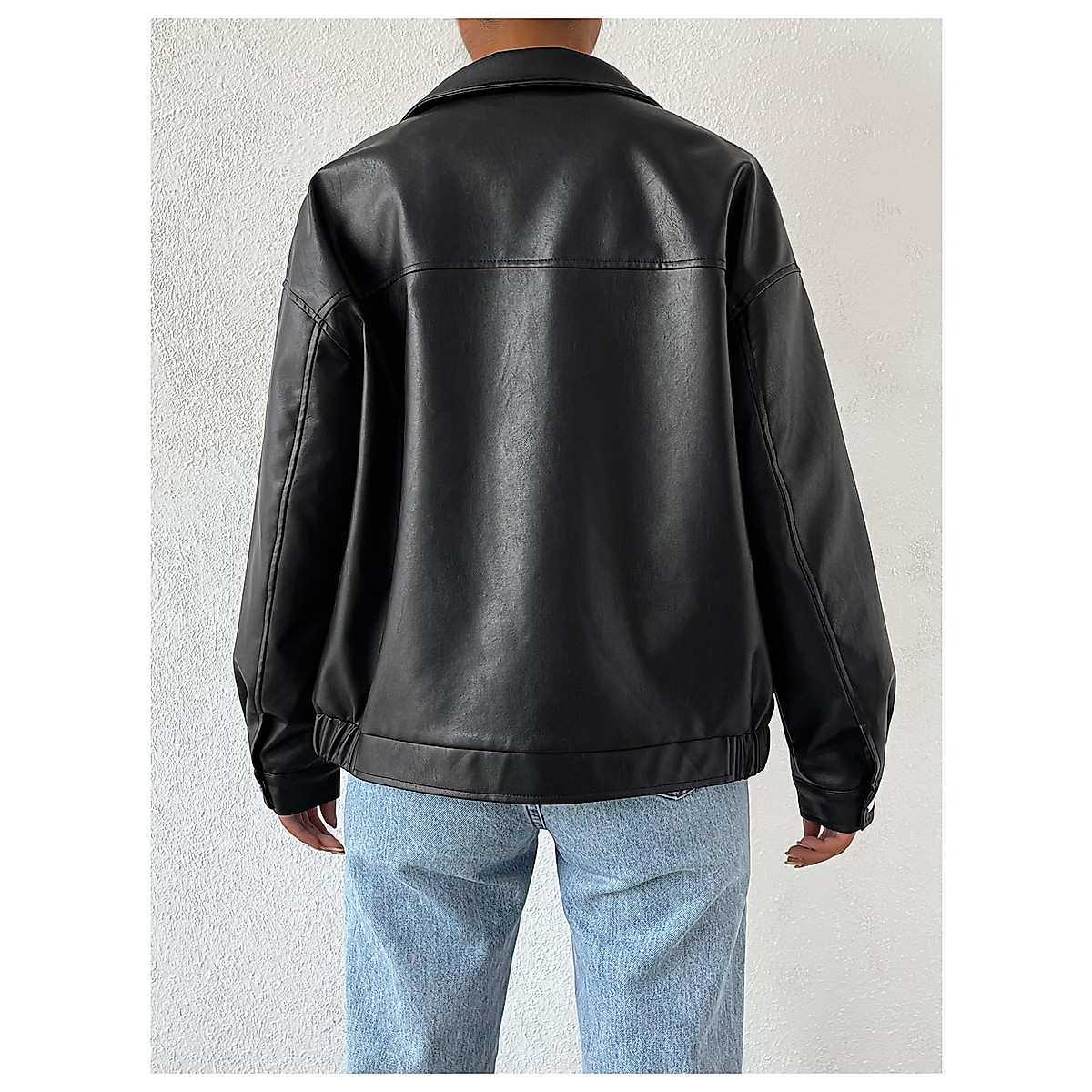 MakeMeChic Women's Faux Leather Shacket Long Sleeve Zip Up Motorcycle Jacket Biker Coat Zip Black S