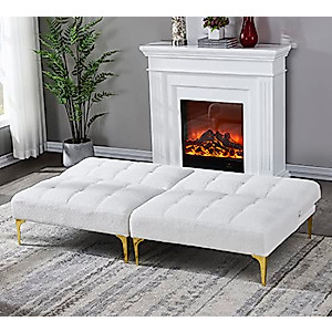 Convertible Couch Bed Futon with Gold Metal Legs, Modern Multi-Functional Convertible Sofa Bed, Teddy Fabric, Small Sectional Sofa, Perfect for Living Room, Bedroom, Office, Apartment (White)