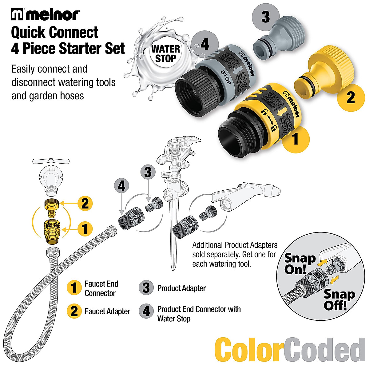 Melnor 65134AMZ 5 Piece Quick Connect Starter Set Connector Bundle, Yellow, Black, Grey