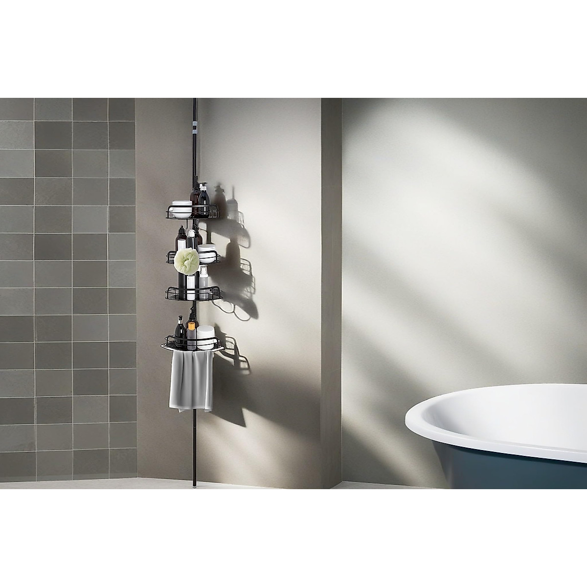 Everkeen Corner Shower Caddy Tension Pole, 4 Tier Bathroom Organizer and Shampoo Storage Shelves 48 to 115 inch Adjustable Floor Standing Bath Rack Holder with Sticky Hooks, Quick Installation