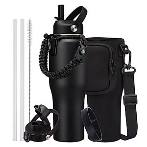 32oz Tumblers Insulated Water Bottle - Fits Car Cup Holder, Cold 48H Hot 24H, Leakproof Stainless Steel Water Bottles with Straw & Pop-up Spout Lid, Paracord Handle, Bottle Holder Bag & Flask Boot
