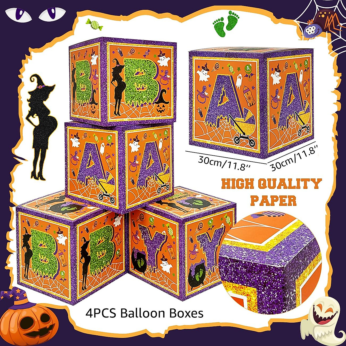 A Baby is Brewing Halloween Baby Showers Decorations, 4 Pcs Baby Balloon Boxes Purple Green Baby Letter Blocks for Halloween Baby Shower A Baby Is Brewing Party Decorations Supplies