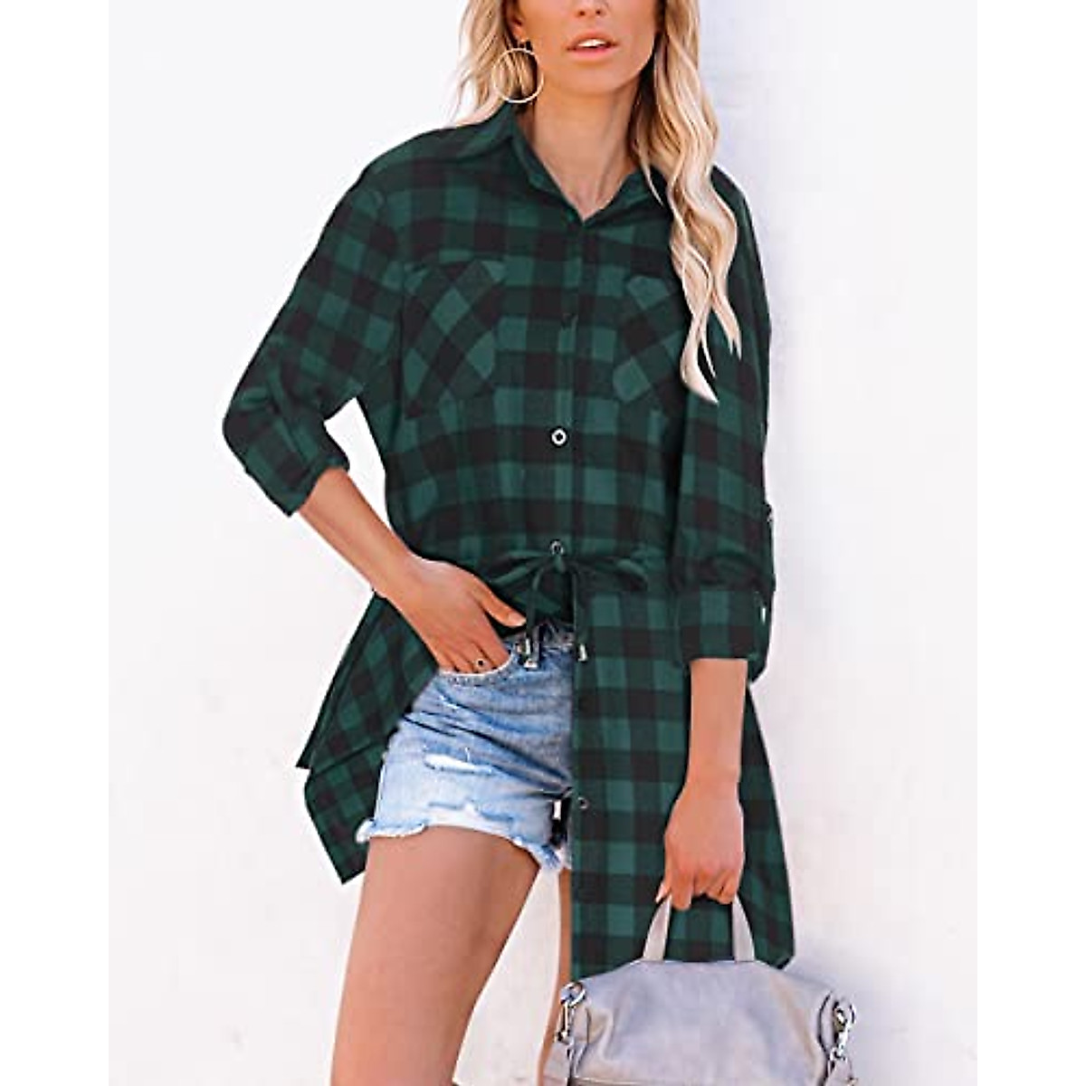 HOTOUCH Boyfriend Style Shirts Oversized Flannel Long Plaid Tops Tunics Green-Black Large