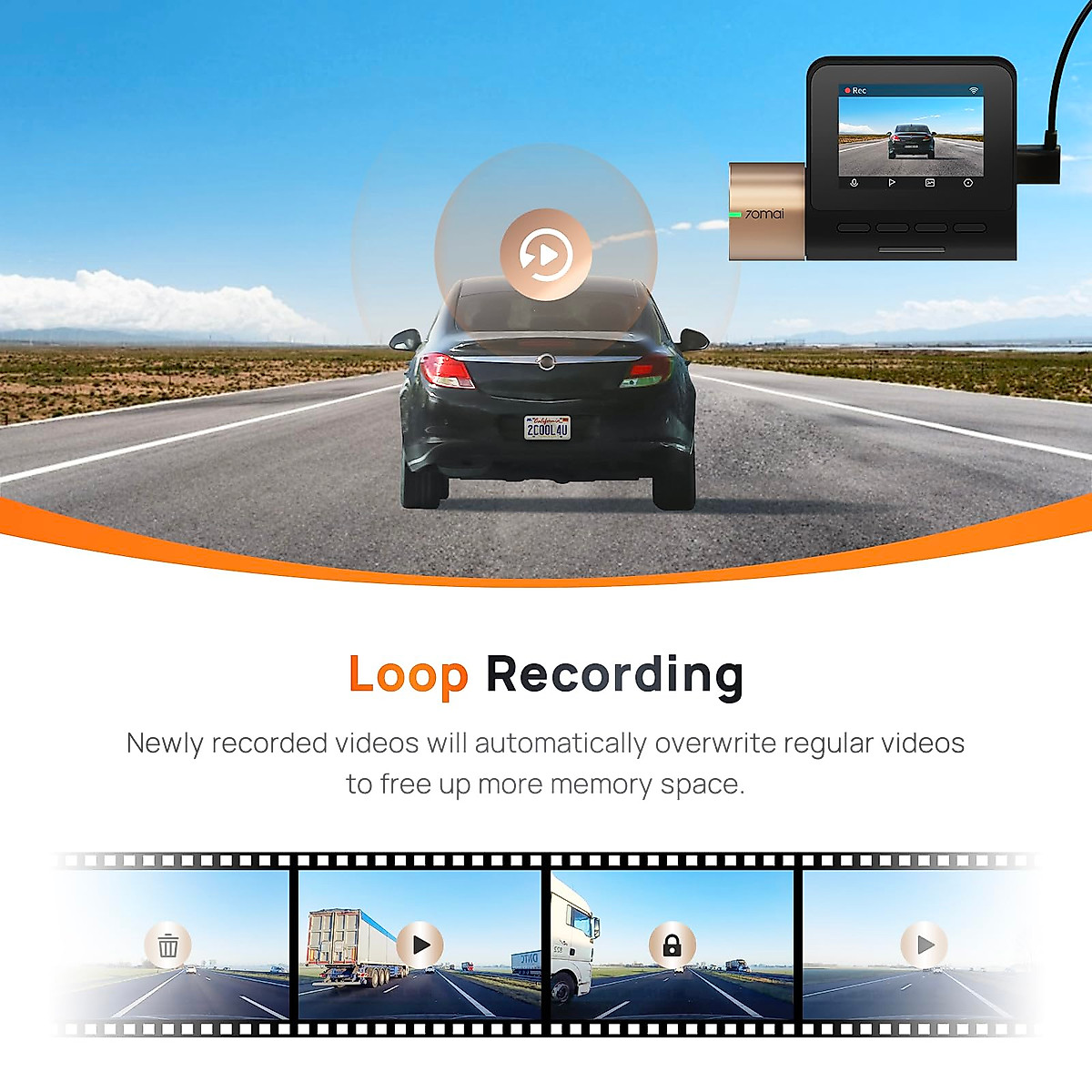 70mai Dash Cam Lite, 70mai Micro SD Card 32GB, 1080P Full HD, Sony IMX307, Built-in G-Sensor, 130° Wide Angle FOV, WDR, Night Vision, Loop Recording