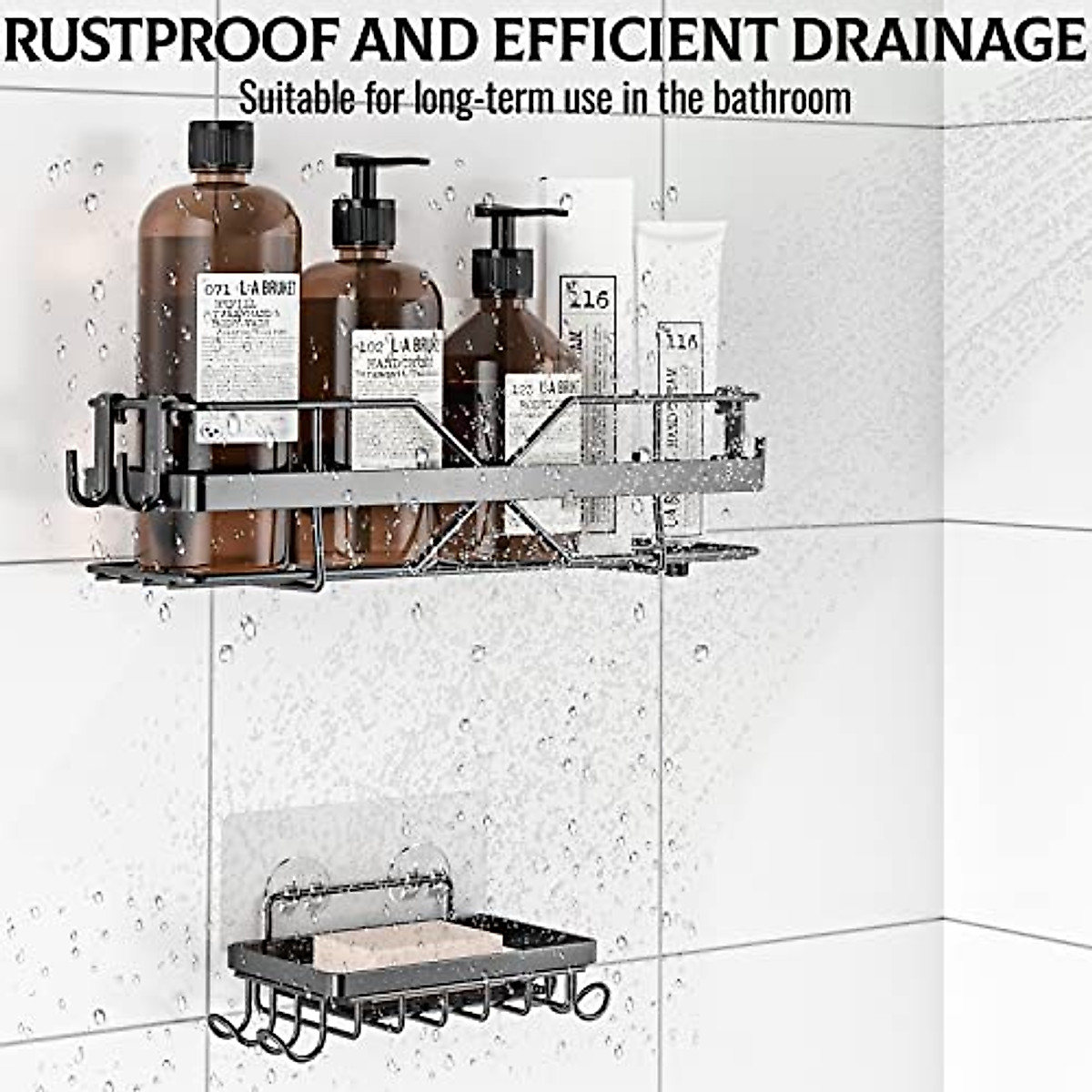 Bathroom Shower Organizer, YASONIC 2-Pack Strong Adhesive Shower Caddy with Soap Holder and 8 Hooks, No Drilling Wall Mounted Rustproof Stainless Steel Shower Shelf, for Inside Shower, Bathroom, Black