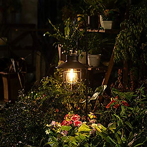 2 Pack EKQ Hanging Solar Lights Lantern Lamp with Shepherd Hook, Metal Waterproof Edison Bulb Lights for Garden Outdoor Pathway (Black)