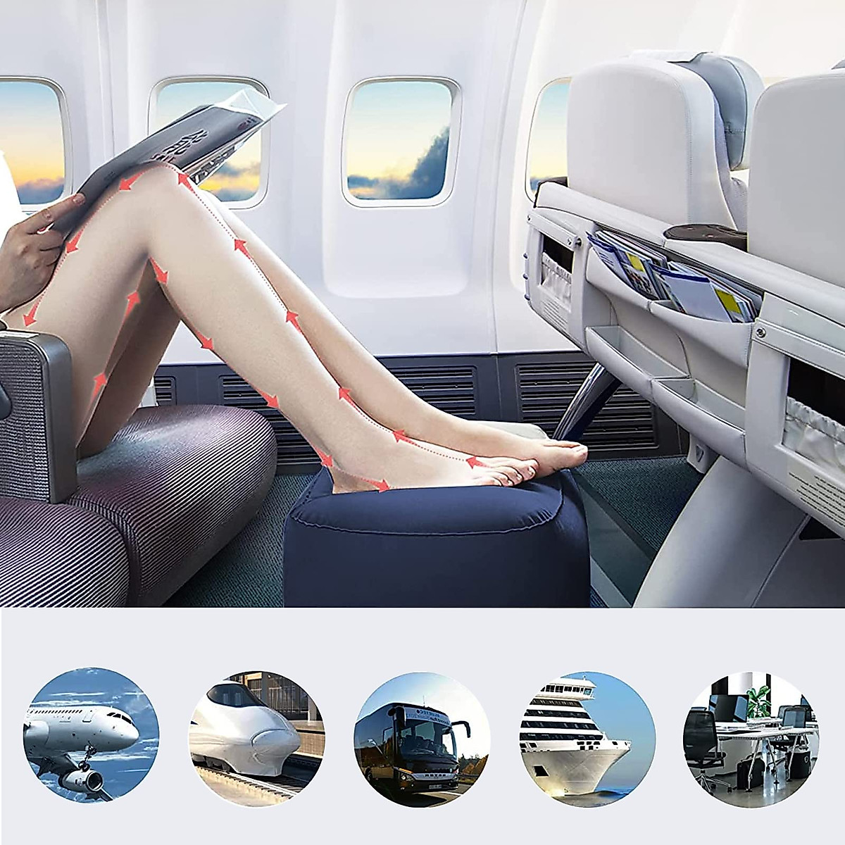 Inflatable Foot Rest for Air Travel, Airplane Footrest Adjustable Height Travel Foot Pillow Flyaway Kids Bed ,Portable Foot Rest Pillow for Kids & Adults on Plane,Car,Train,Office (Dark Blue)