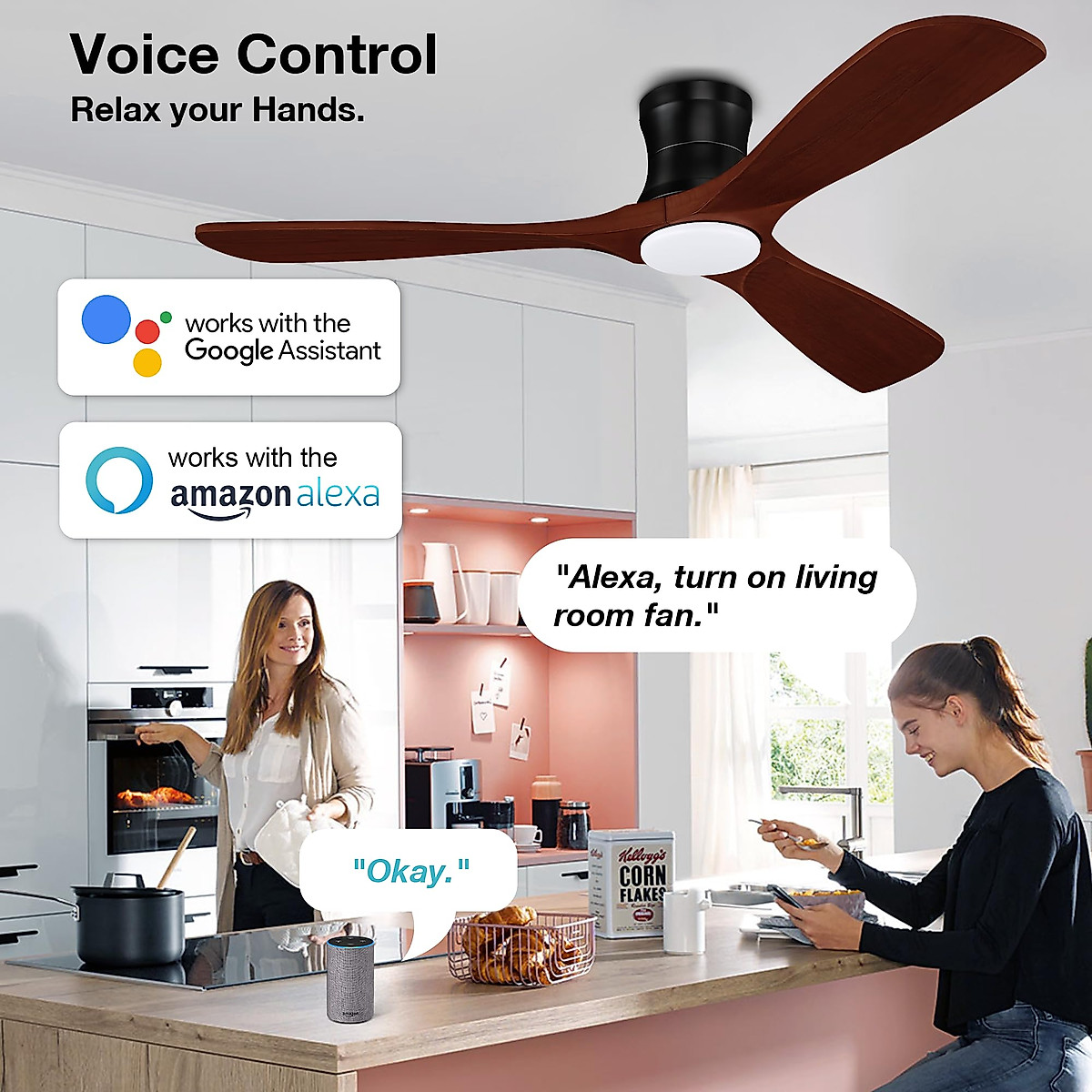 Hoenofly 52” Smart Wood Flush Mount Ceiling Fans with Lights Remote,Quiet DC Motor,Outdoor Indoor Low Profile Ceiling Fan,Voice WIFI Alexa App Control,Dimmable,6-speed,for Modern Bedroom Patio