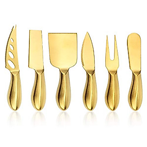 Premium 6-Piece Golden Cheese Knife Set, Stainless Steel Cheese Cutter Cheese Fork Slicer,Cheese Tool Collection, Cheese Spreaders for Christmas Gift