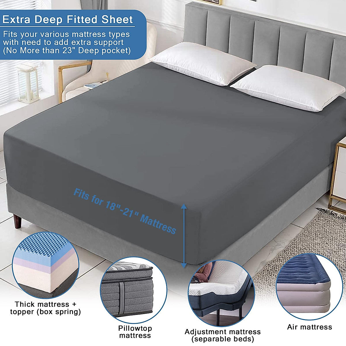 Bedecor Extra Deep Pocket Twin XL Fitted Sheet Only for 18 to 21 Inch Super Thick Mattress That Stay Tight,All Around Elastic Bottom,Doesn't Pop Off
